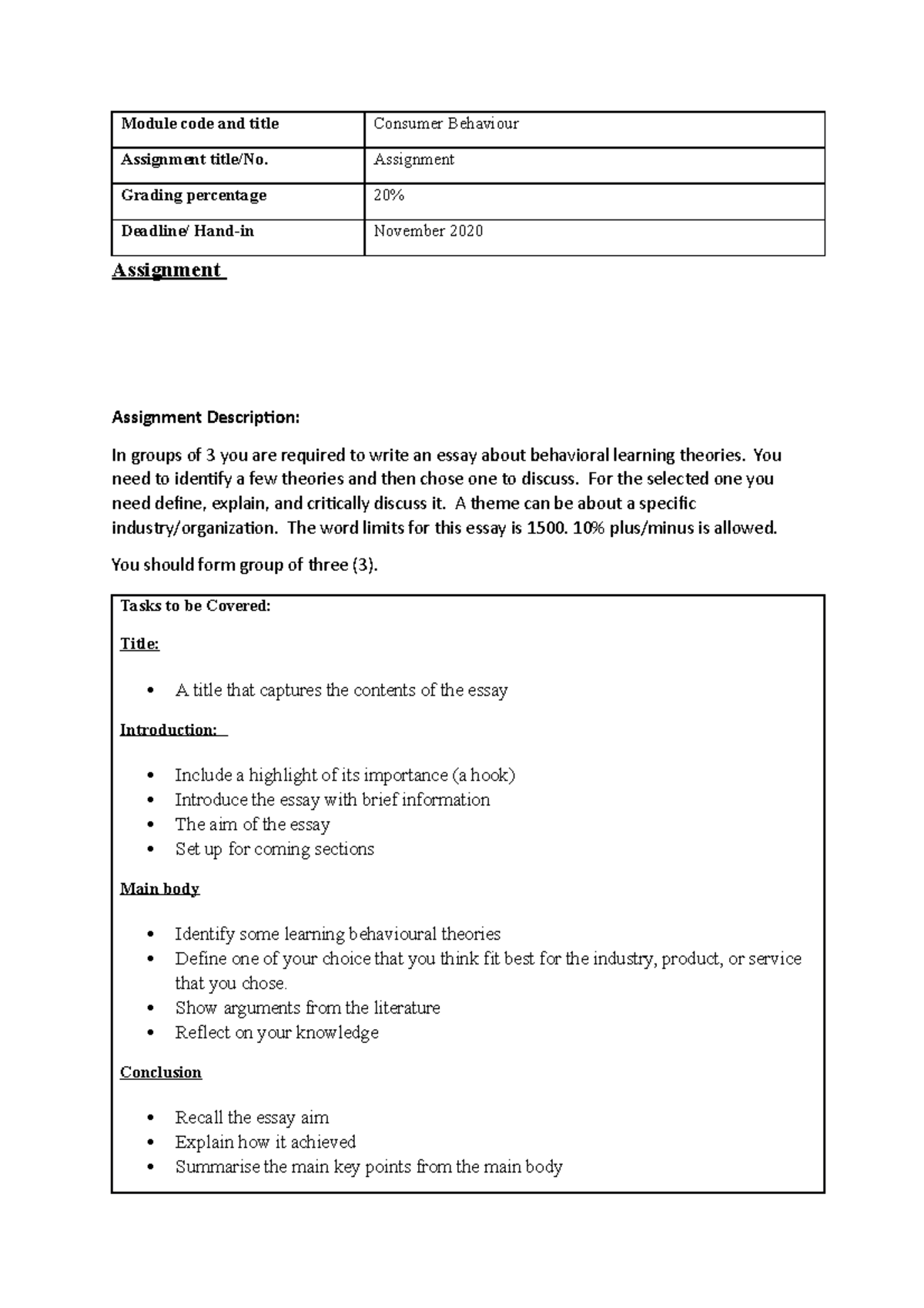 Assignment - Class activity - Module code and title Consumer Behaviour ...