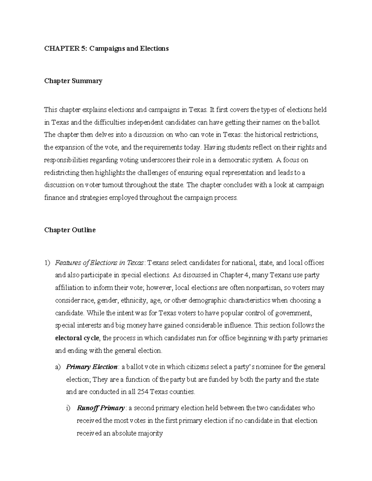 Govtex 5 Outline Summary CH05 CHAPTER 5 Campaigns And Elections