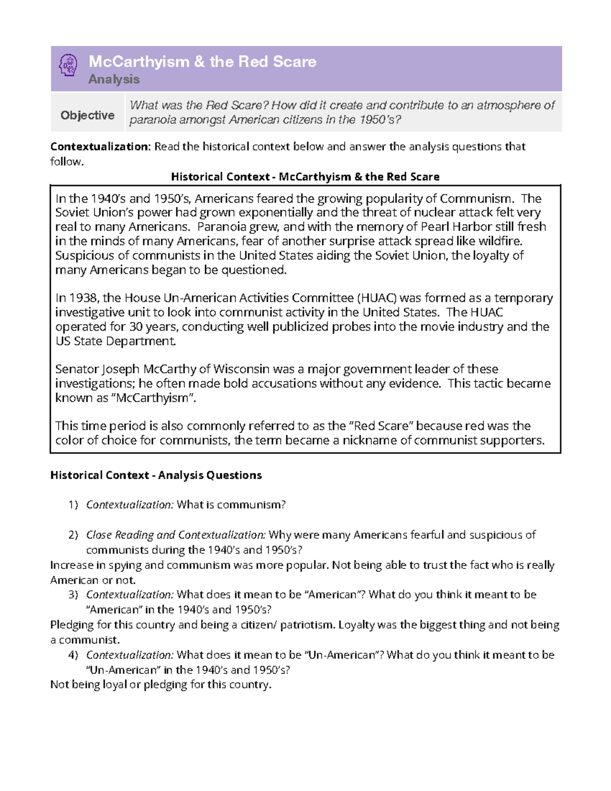 Mc Carthyism Red Scare - McCarthyism & the Red Scare Analysis Objective ...