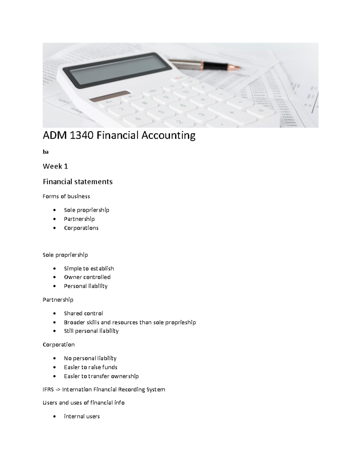 ADM 1340 Financial Accounting - ADM 1340 Financial Accounting ba Week 1 ...