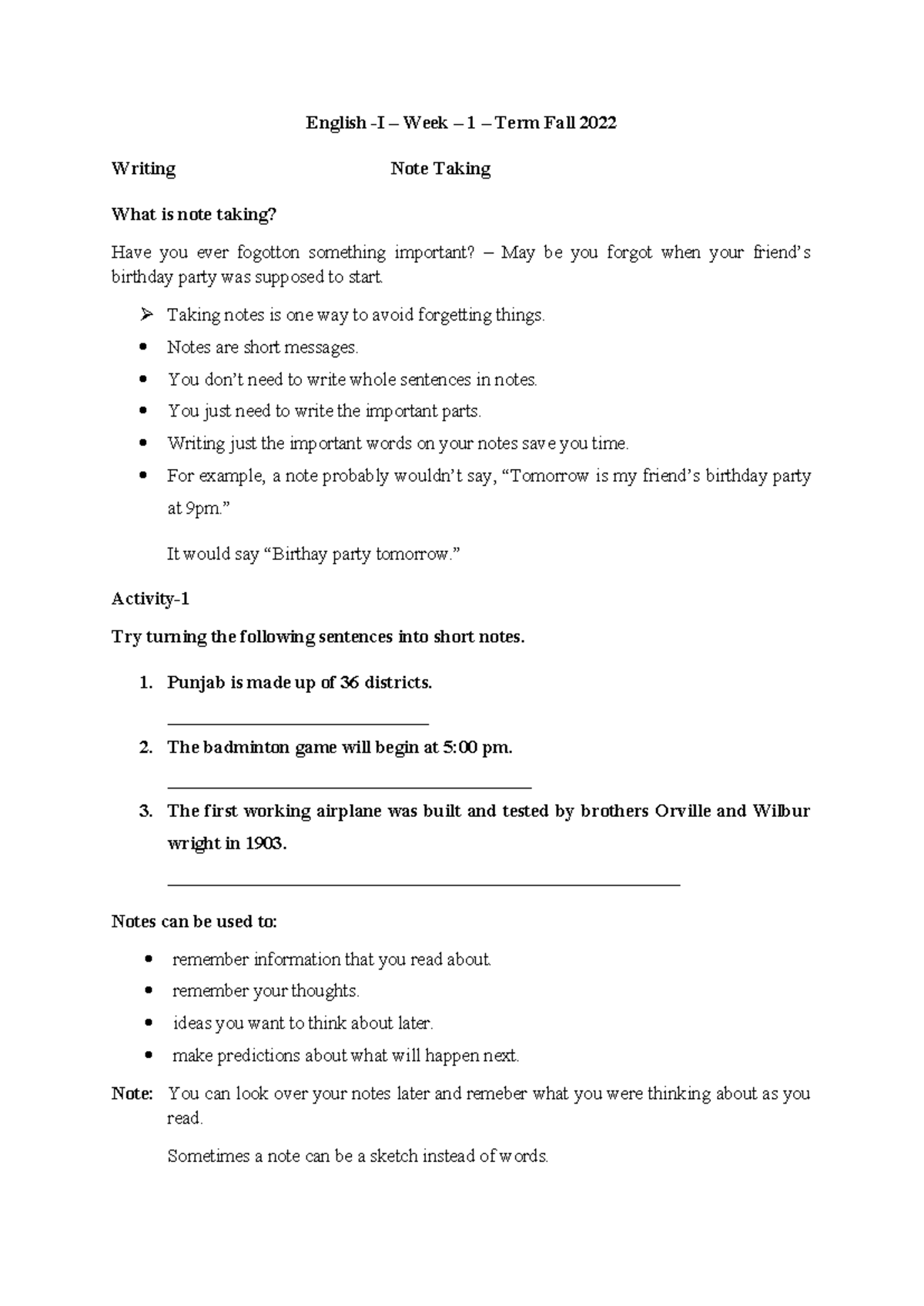 English 1 Week 1 - activity - English -I – Week – 1 – Term Fall 2022 ...