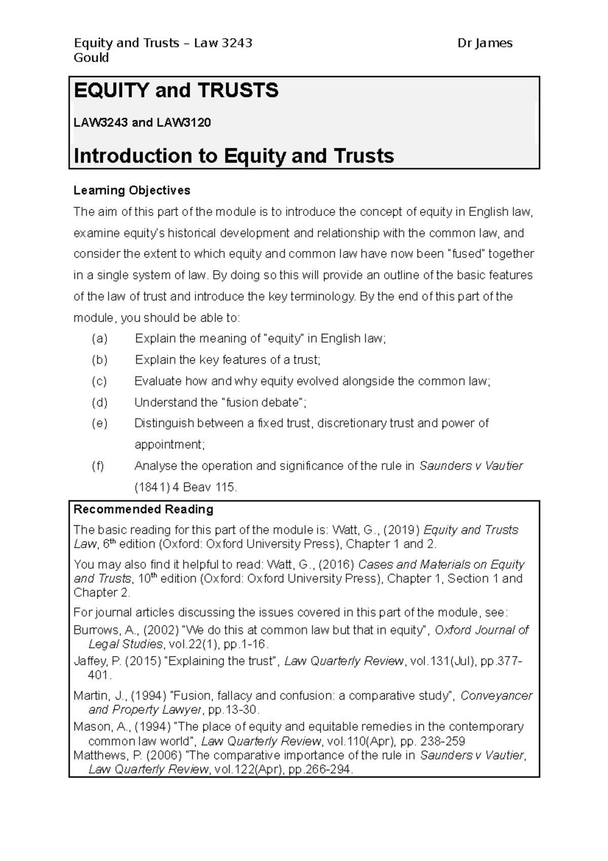 Equity and Trusts Lecture Handouts 2020 WC 01 - Gould EQUITY and TRUSTS LAW3243 and LAW ...