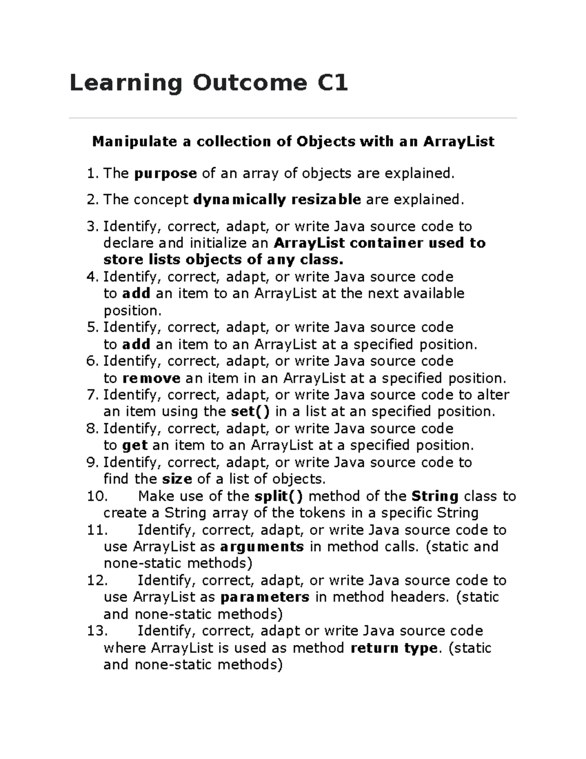 Learning Outcome C1 Learning Outcome C Manipulate A Collection Of