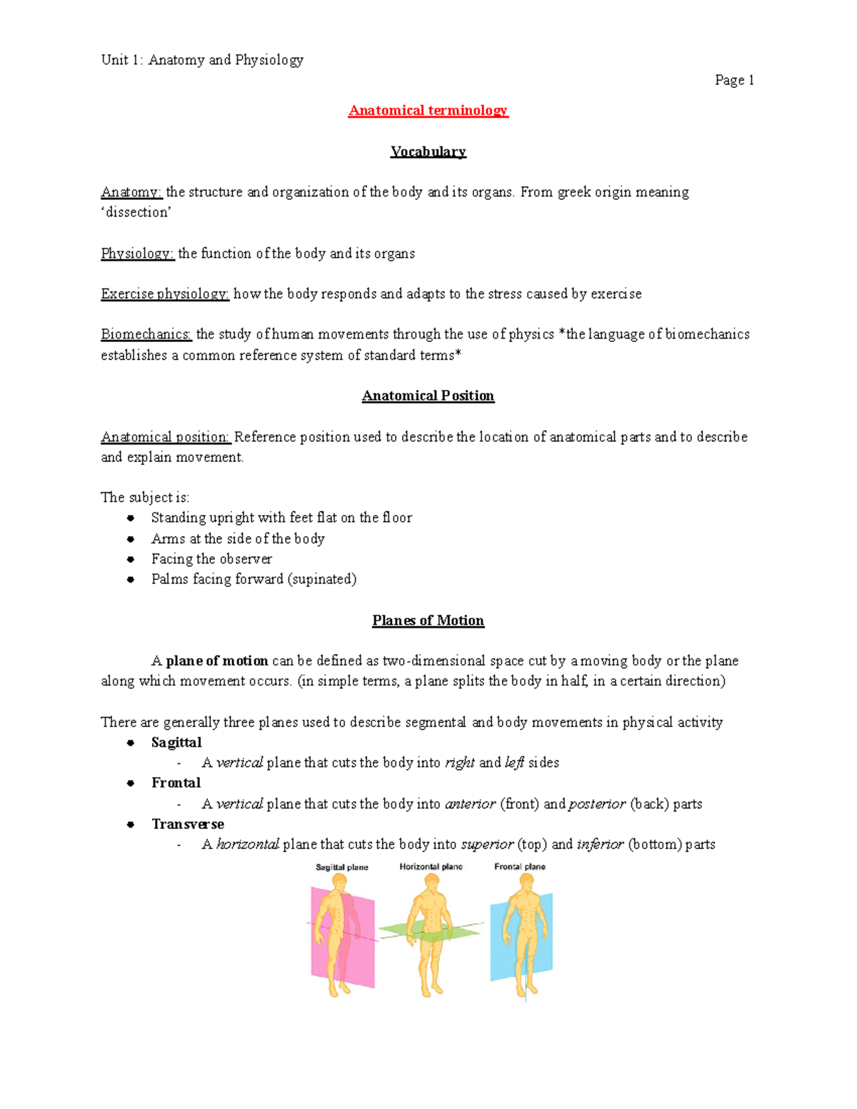 Unit 1 Anatomy and Physiology - Page 1 Anatomical terminology ...