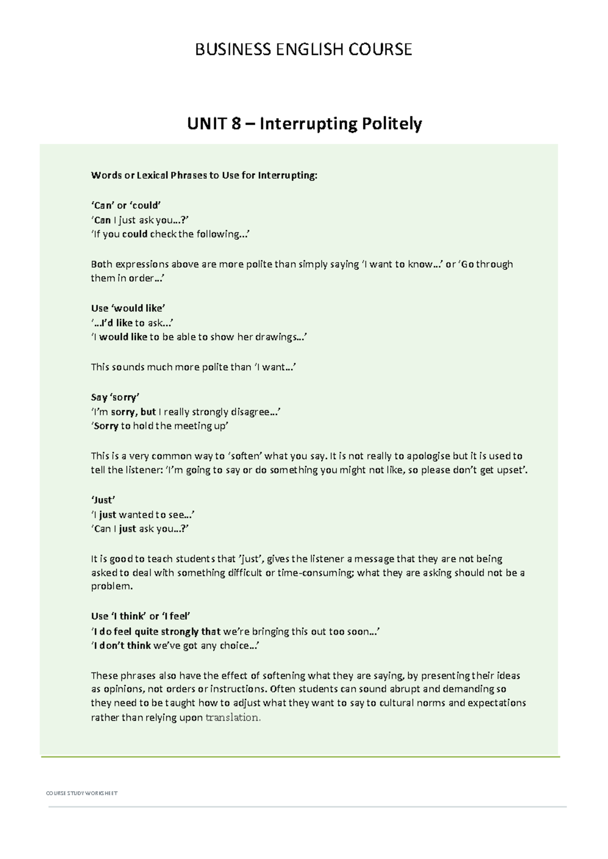 Unit 8 - Interrupting Politely - BUSINESS ENGLISH COURSE COURSE STUDY ...