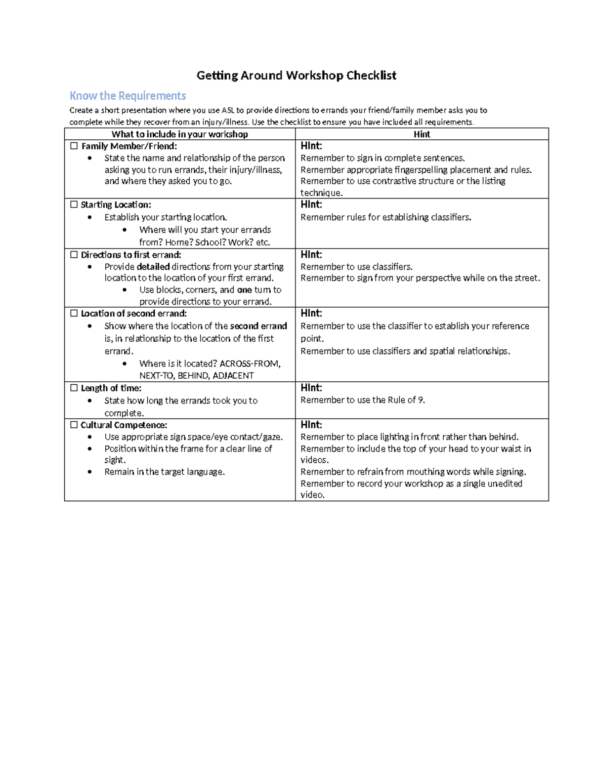 Getting around workshop checklist - Getting Around Workshop Checklist ...
