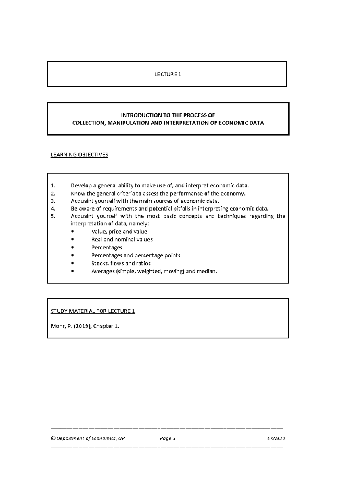 Lecture 1 notes to read - © Department of Economics, UP Page 1 EKN ...