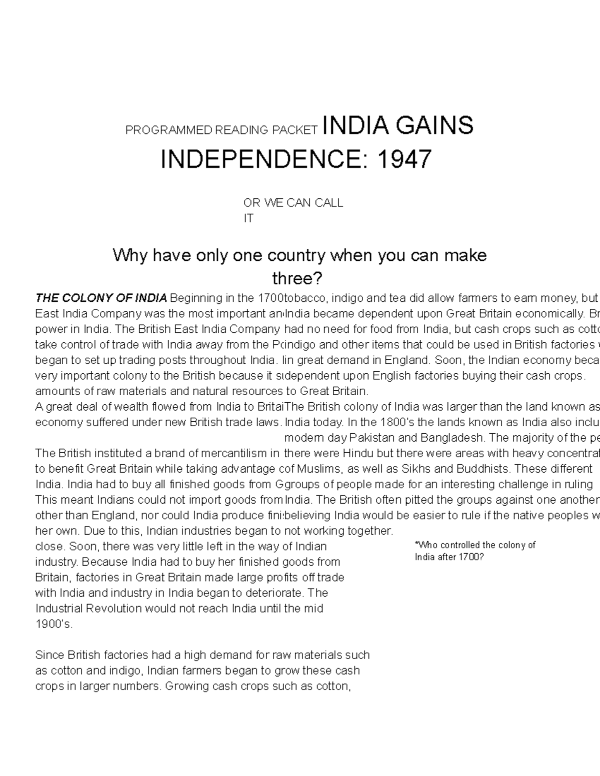 India- Programmed Reading Packet - PROGRAMMED READING PACKET INDIA ...