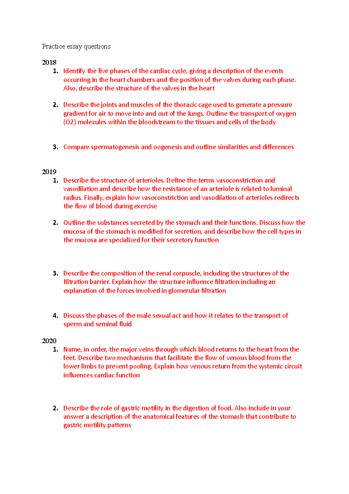 Practice Mini essay questions - Human Body Systems 2 - University of ...