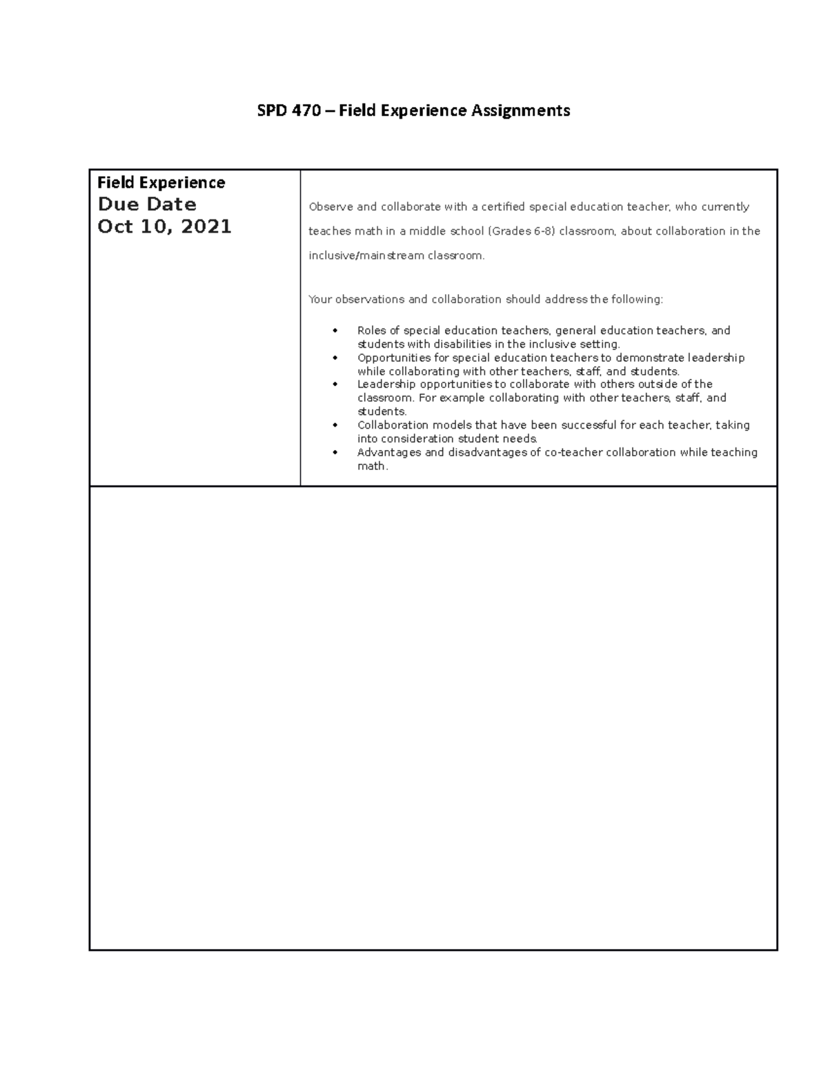 SPD 470 field experience B - SPD 470 – Field Experience Assignments ...