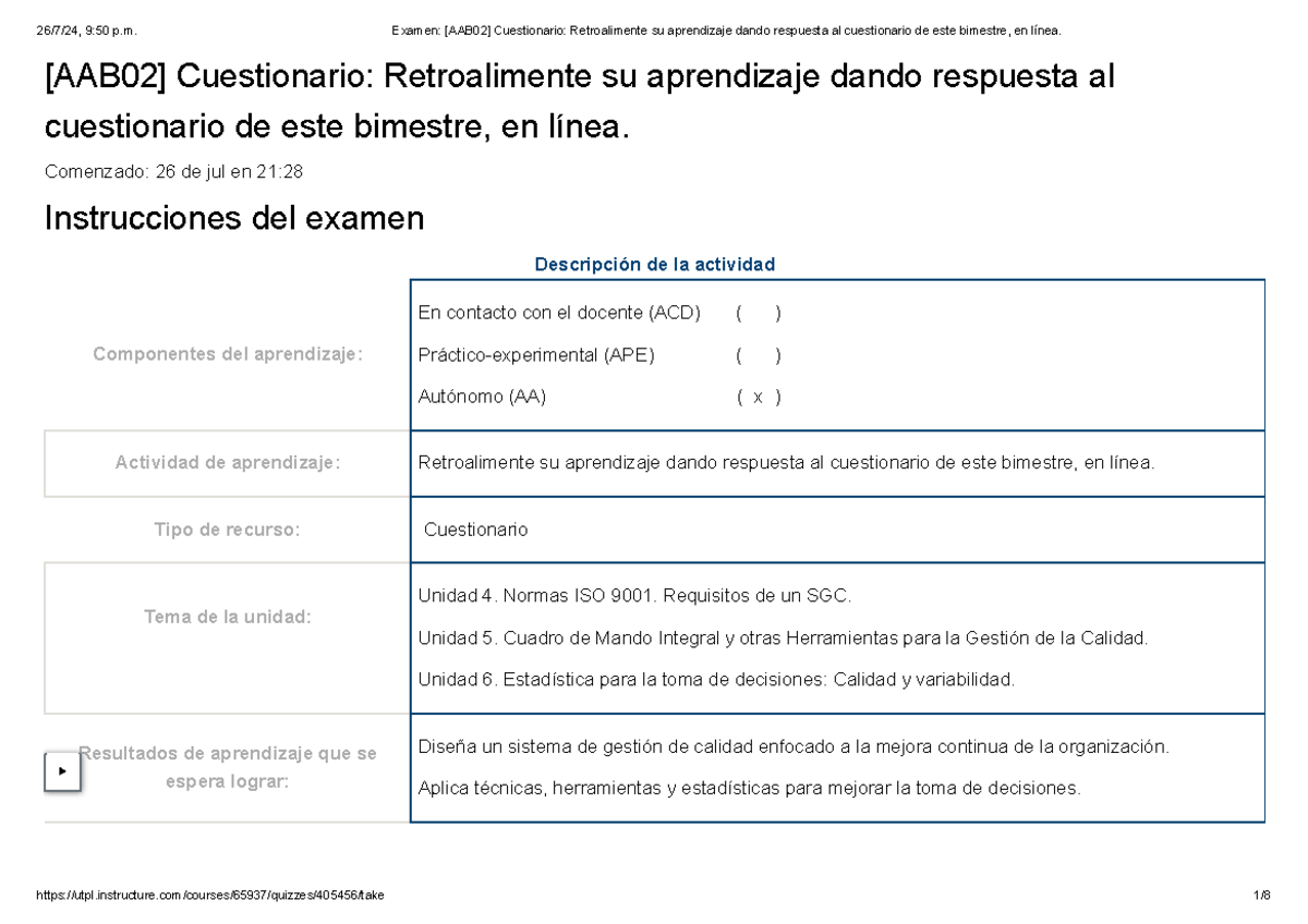 Examen [AAB02] Cuestionario Retroalimente su aprendizaje dando respuesta al cuestionario de este ...