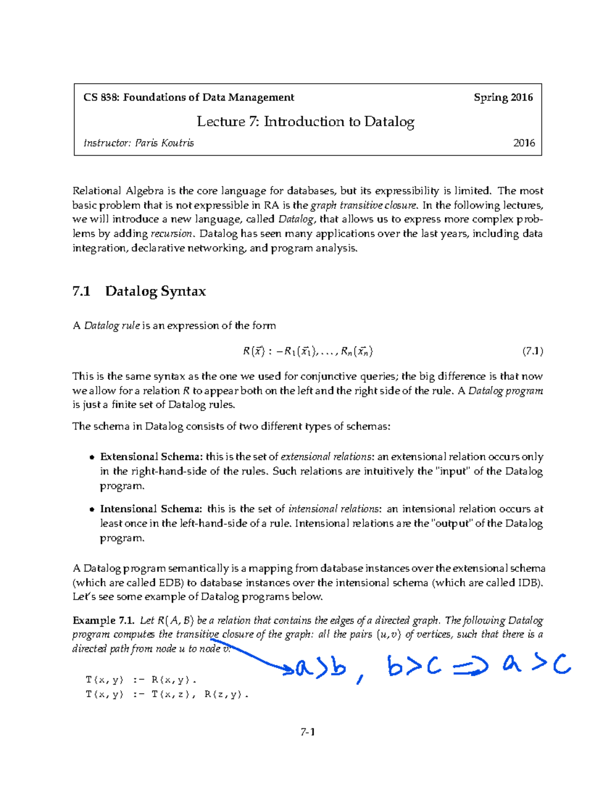 Lecture 7 - CS 838: Foundations of Data Management Spring 2016 Lecture 7: Introduction to ...