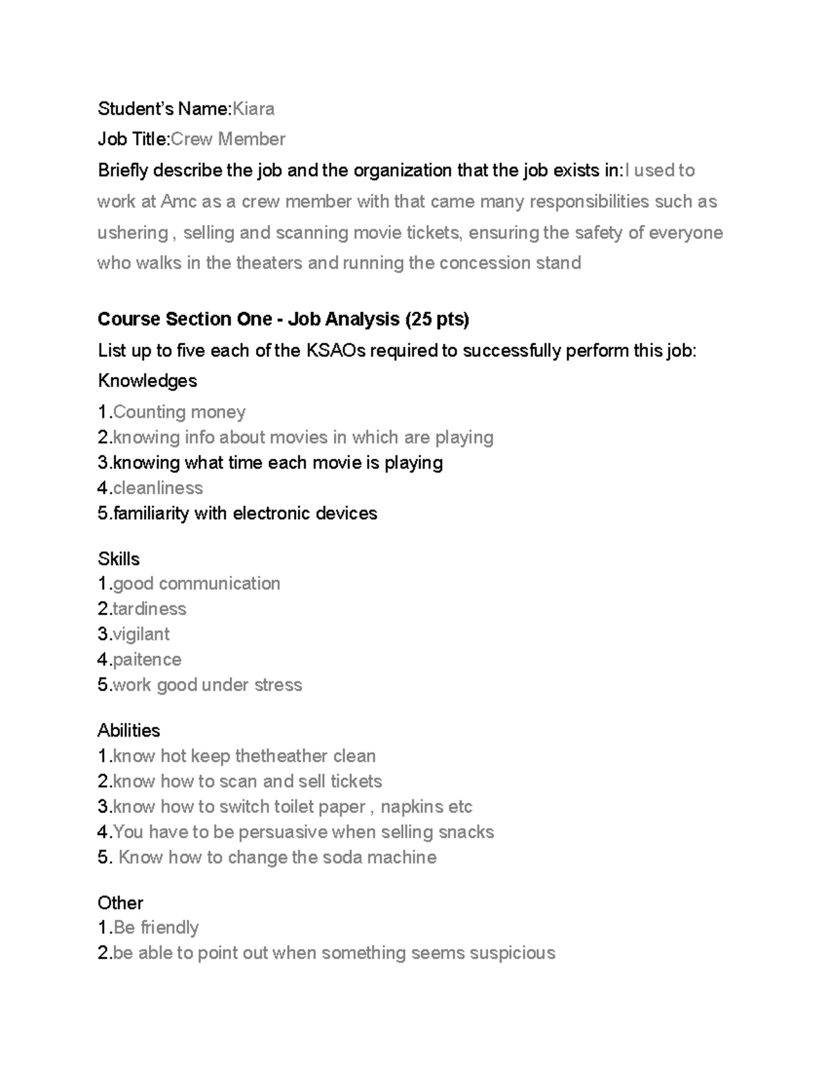 Section assignment one - Student’s Name:Kiara Job Title:Crew Member ...