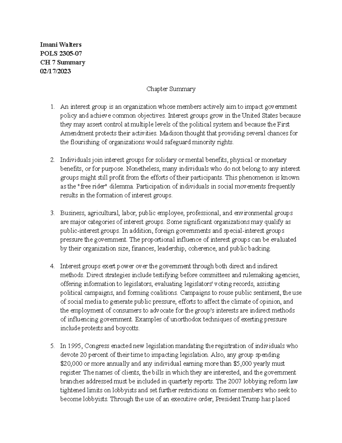 CH 7 chapter summary - Imani Walters POLS 2305- CH 7 Summary 02/17 ...