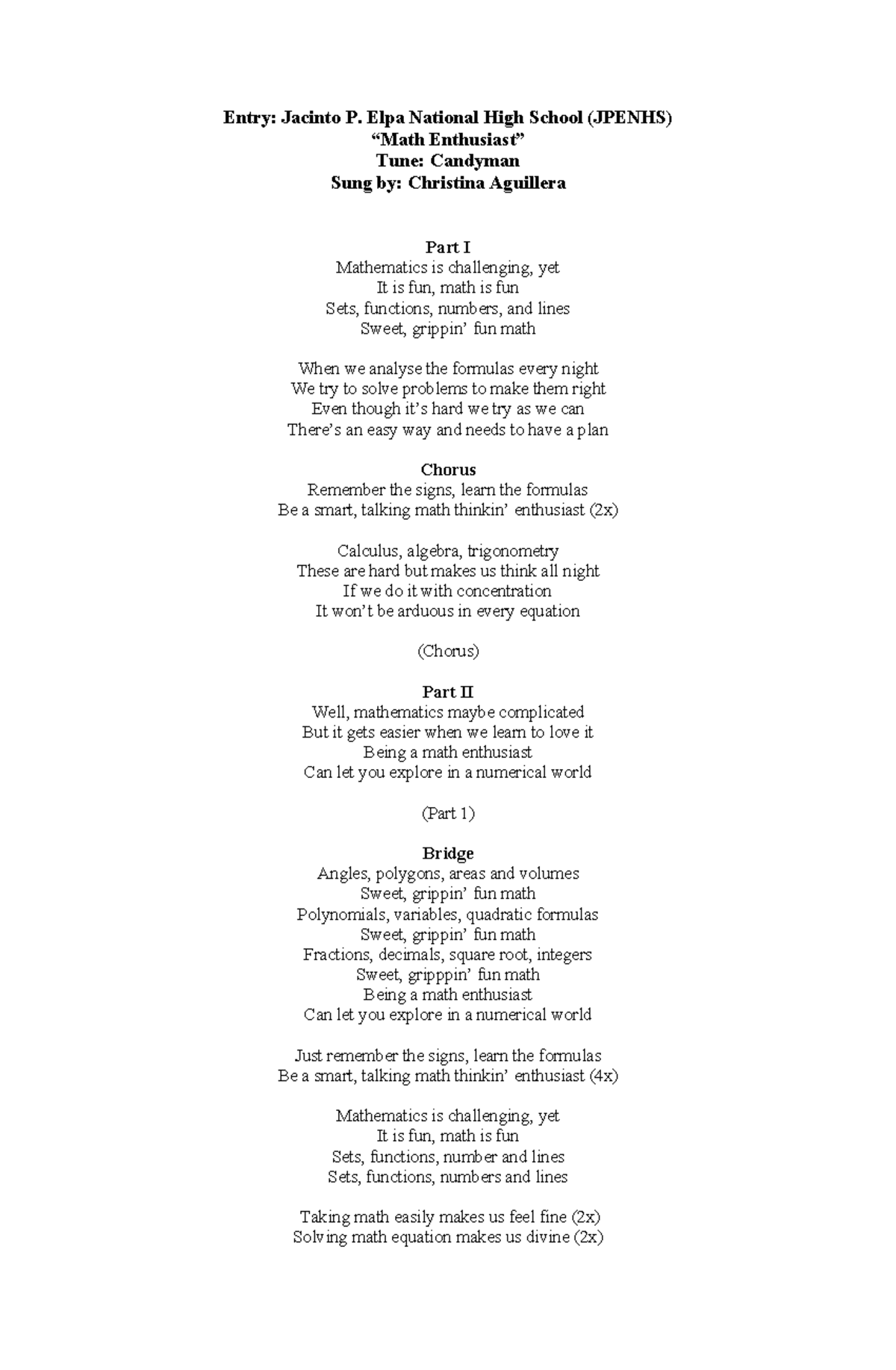 484778271 Math Jingle Lyrics docx - Entry: Jacinto P. Elpa National ...