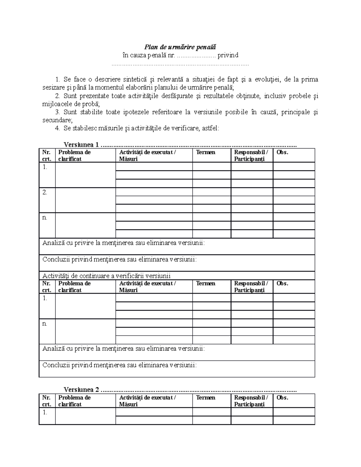 Plan de urmărire penală - Plan de urmărire penală în cauza penală nr