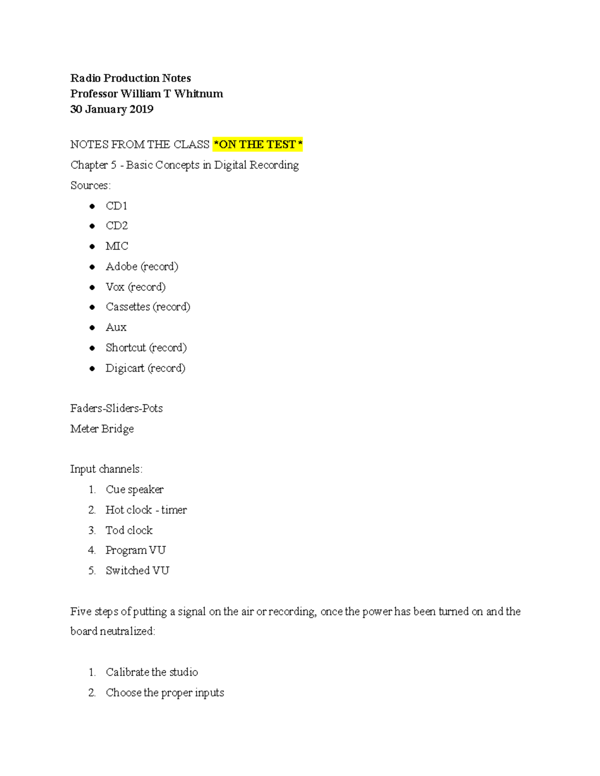 Radio Production Notes - Radio Production Notes Professor William T ...