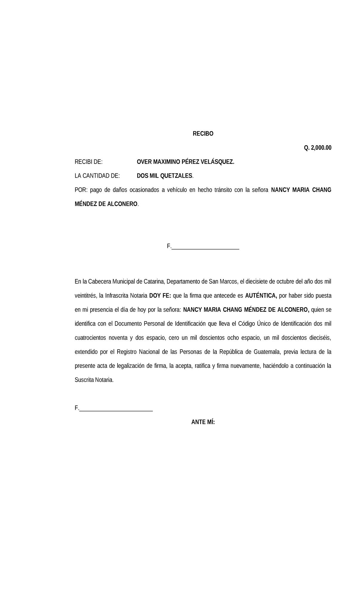 Recibo con Autentica de Firma - RECIBO Q. 2,000. RECIBI DE: OVER ...