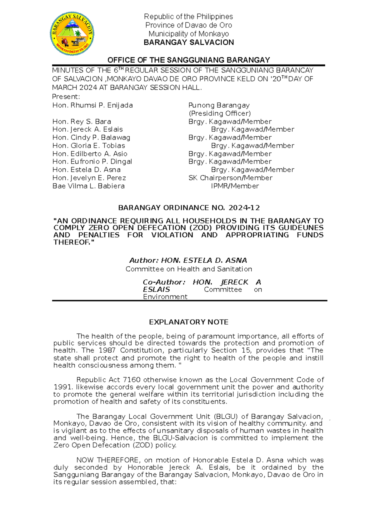 Barangay Ordinance No. 2024-12 ZOD Ordinance - Republic of the ...