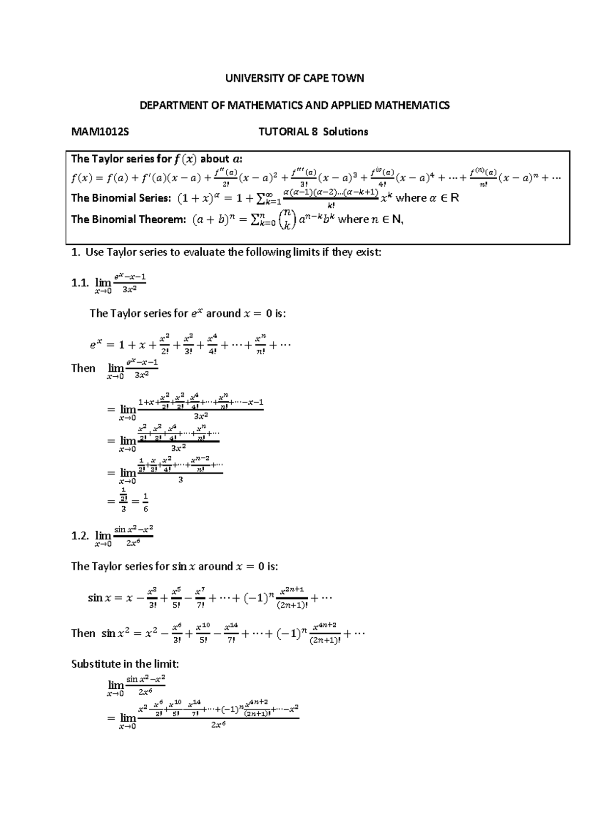 Tutorial 8 Solutions - UNIVERSITY OF CAPE TOWN DEPARTMENT OF ...