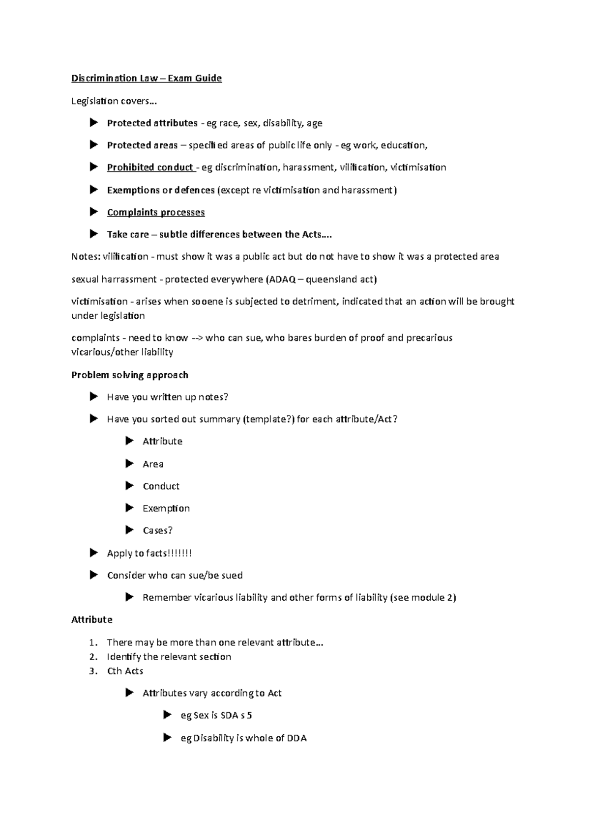 EXAM Guide - Discrimination Law – Exam Guide Legislation covers ...