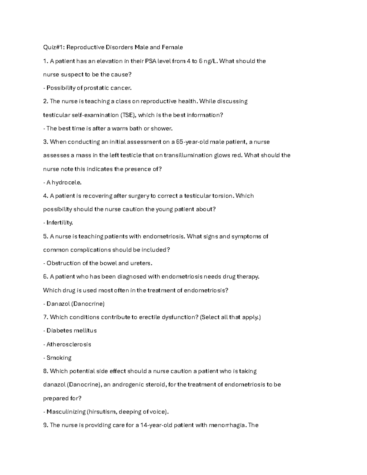 Test Bank Med Surg ii - Quiz#1: Reproductive Disorders Male and Female ...