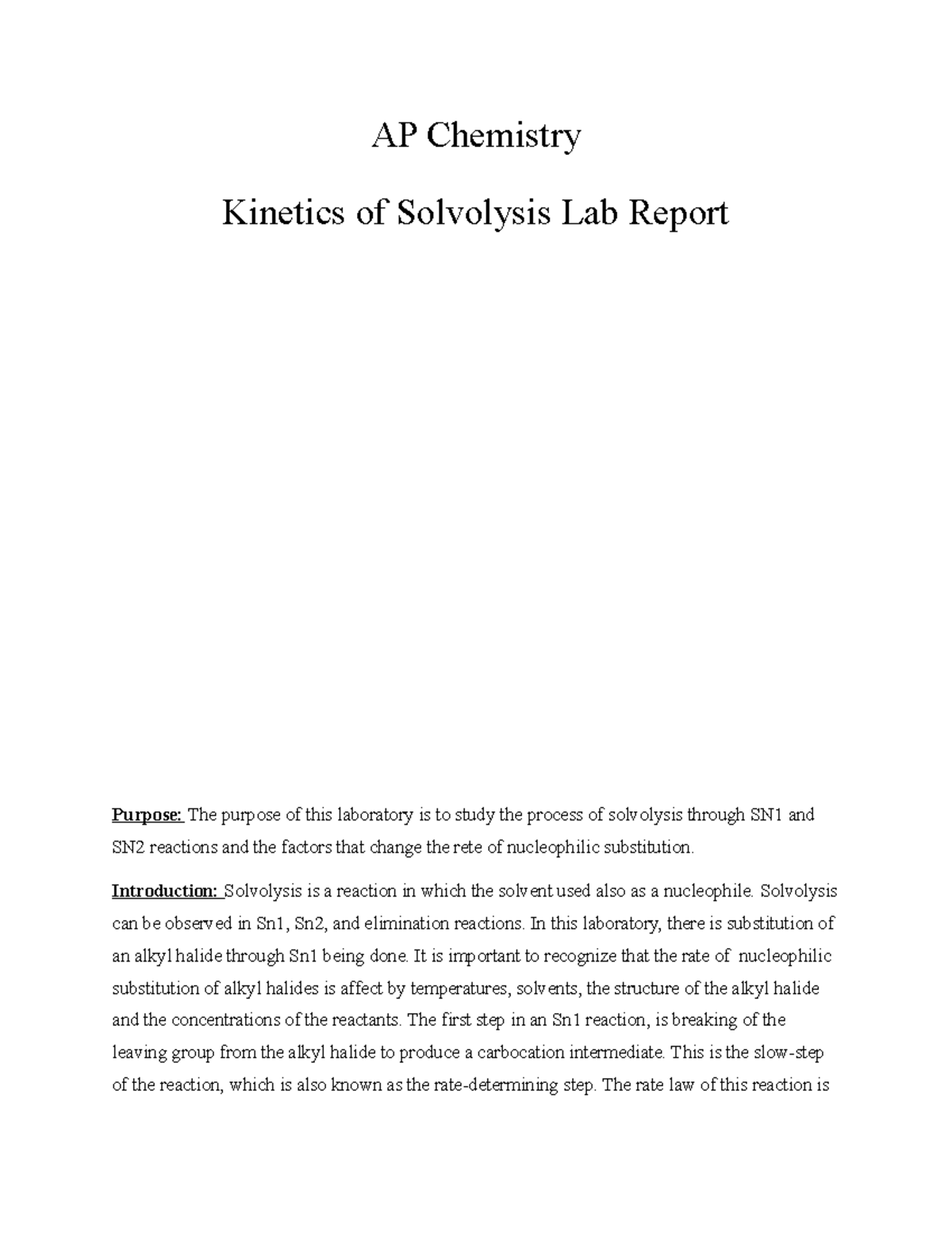 Solvolysis Pre-Lab - AP Chemistry Kinetics of Solvolysis Lab Report ...