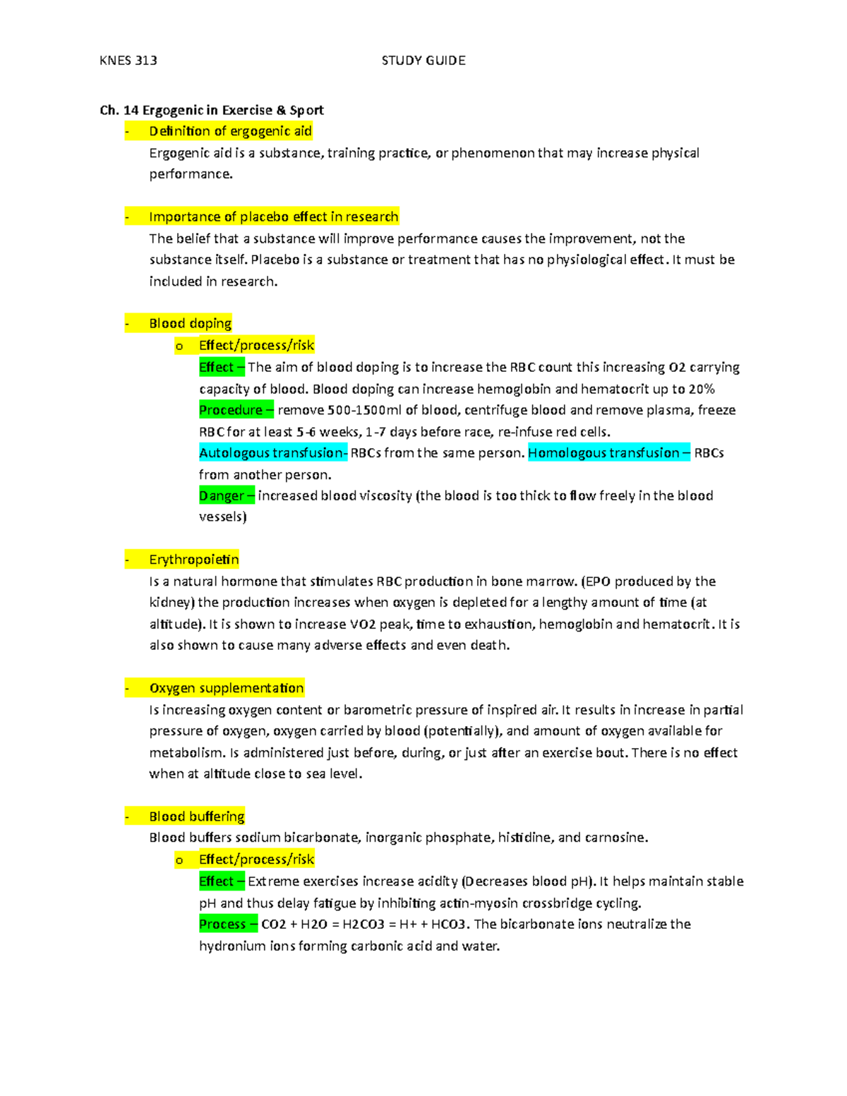 Chapter 14 Study Guide - KNES 313 STUDY GUIDE Ch. 14 Ergogenic in Exercise & Sport - Definition ...
