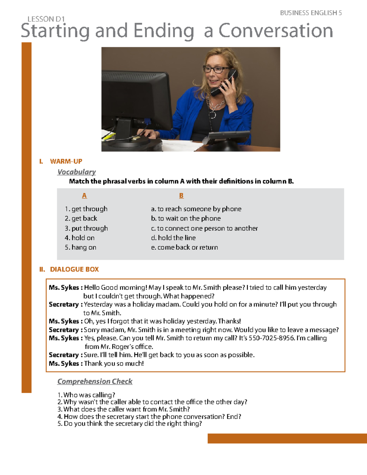 Unit 4 - Lecture notes 4 - Starting and Ending a Conversation I. WARM ...