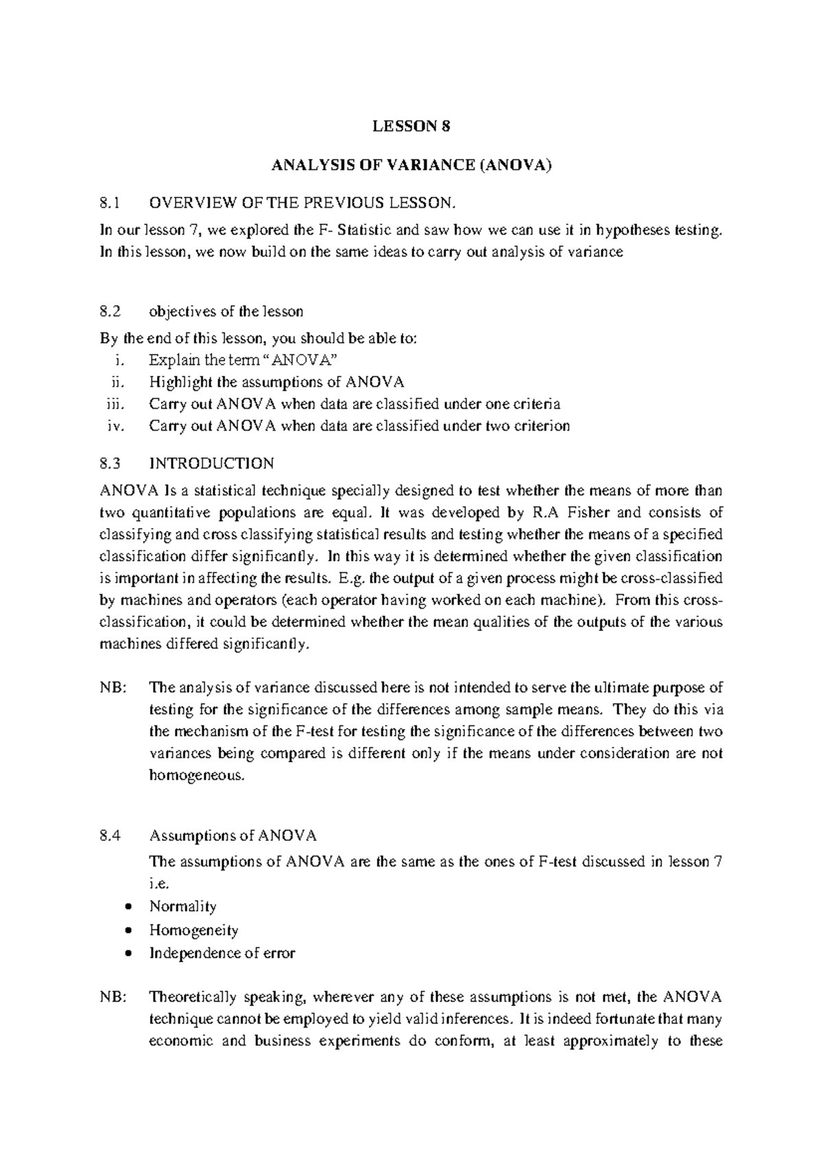 Lesson 8 - LESSON 8 ANALYSIS OF VARIANCE (ANOVA) 8 OVERVIEW OF THE ...
