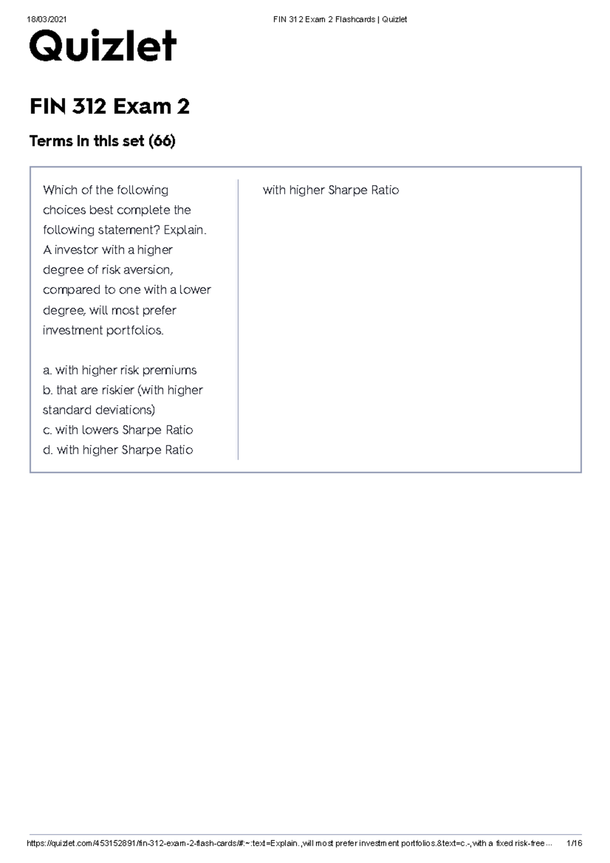 Practise FIN 312 Exam 2 Flashcards Quizlet - FIN 312 Exam 2 Terms in ...
