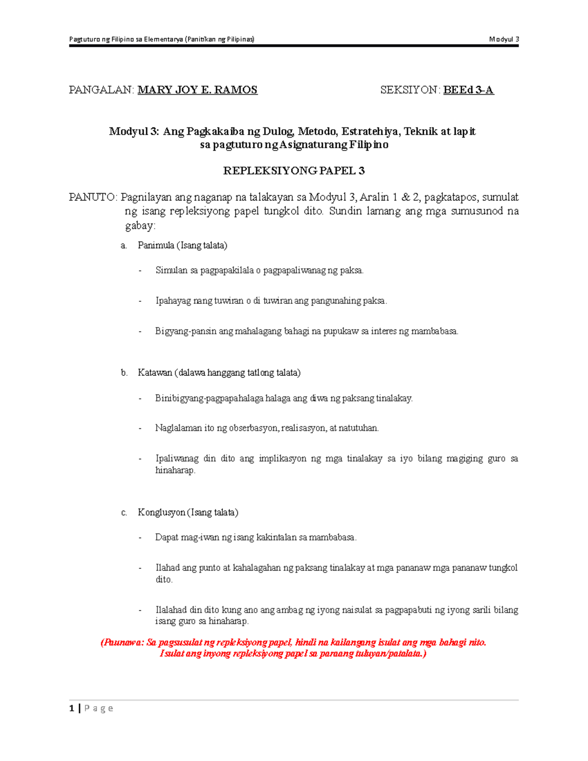 Repleksiyong Papel 3 - Reflection in Filipino - PANGALAN: MARY JOY E ...