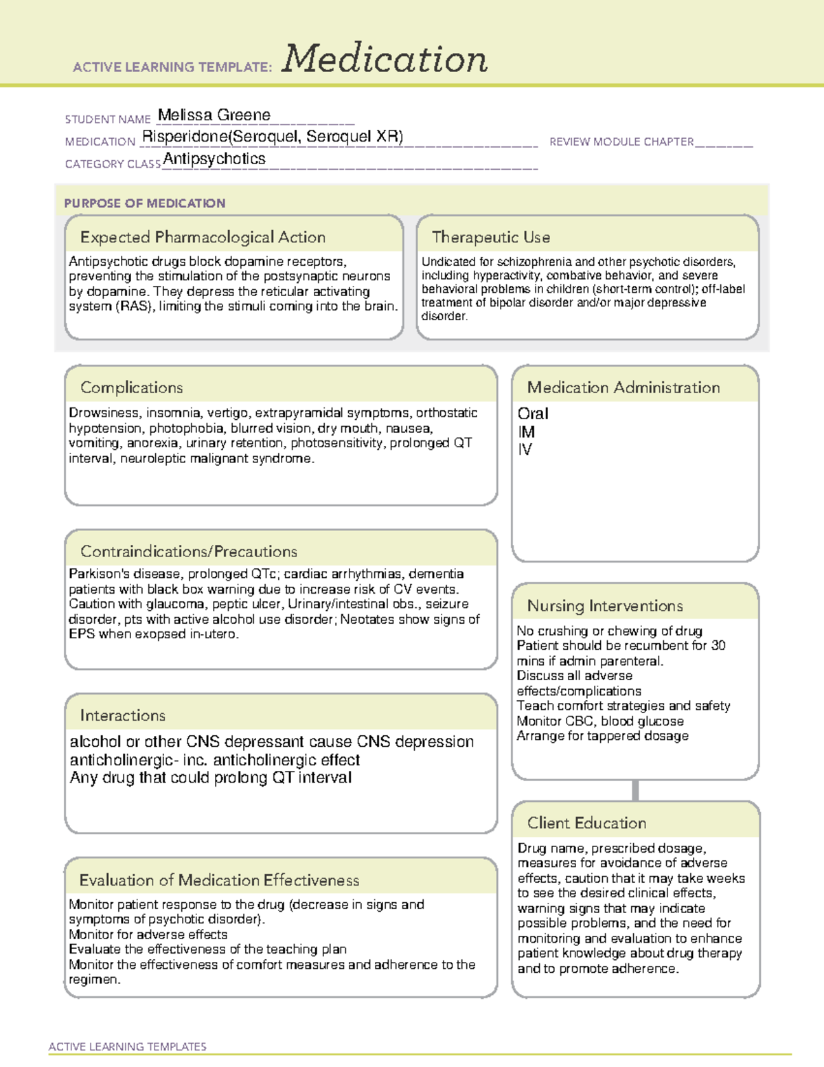 Medication resperidone week 1 - ACTIVE LEARNING TEMPLATES Medication ...