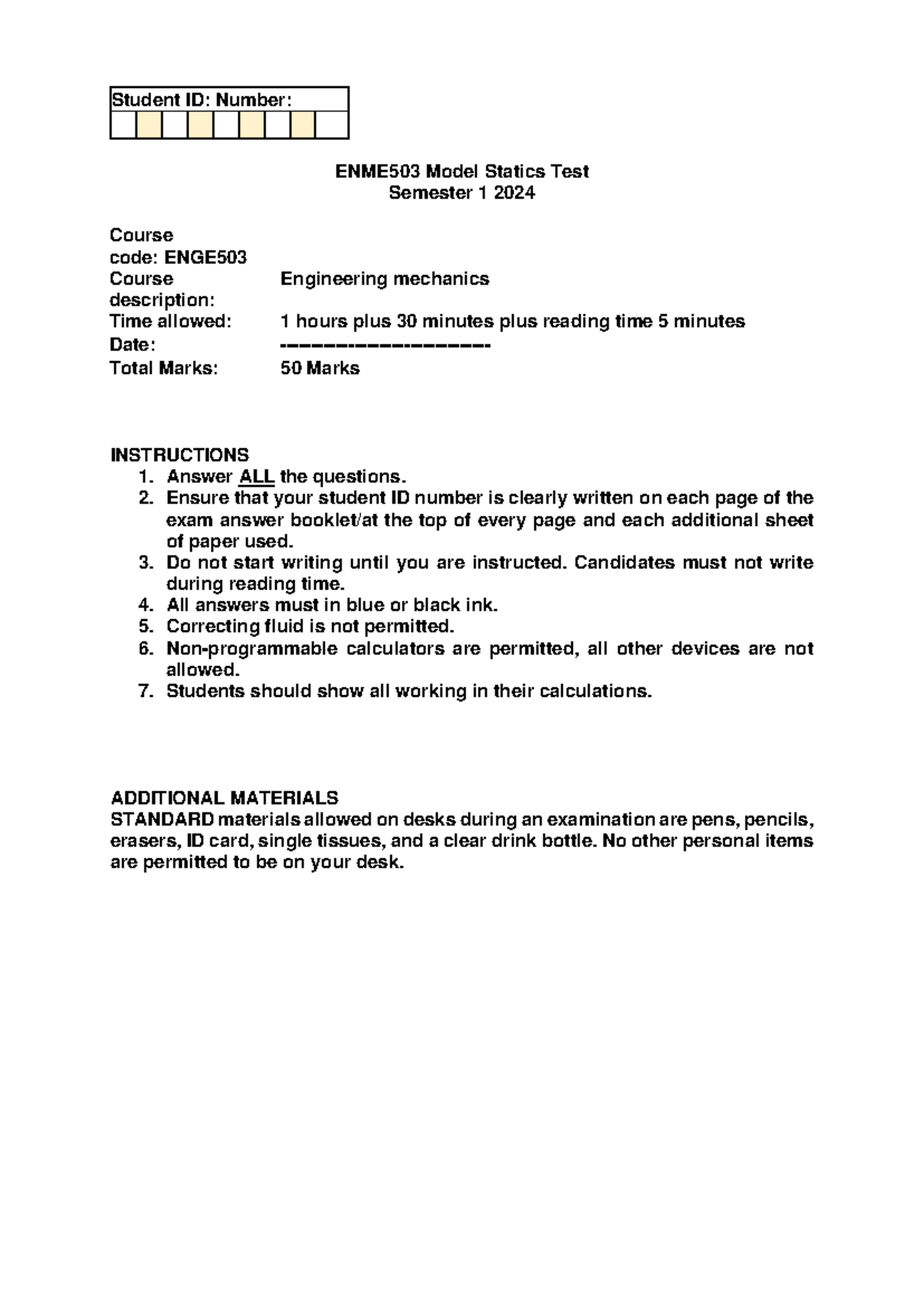 Model Statics Exam 2024 - ENME503 Model Statics Test Semester 1 2024 ...