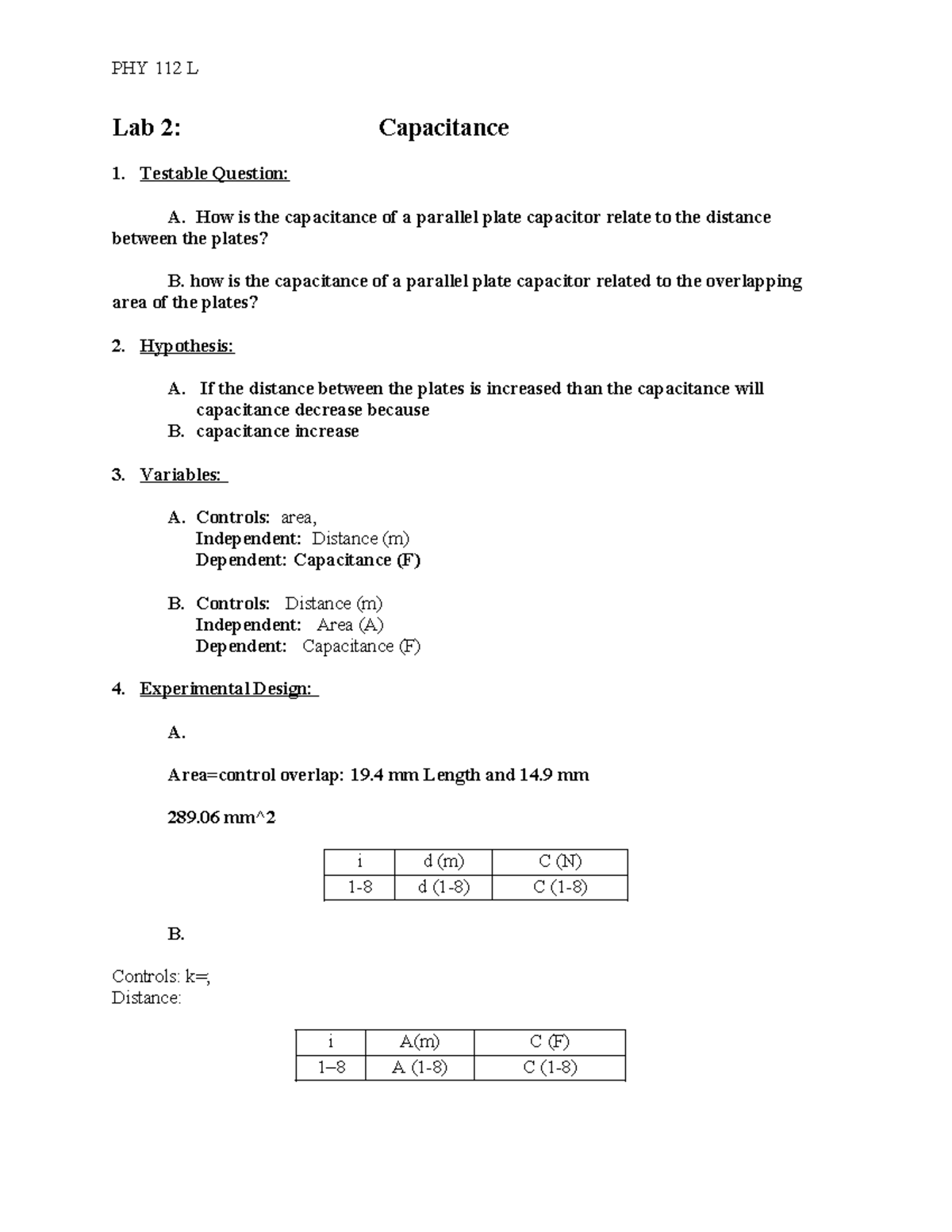 Lab 2- Capacitance - lab - Lab 2: Capacitance Testable Question: A. How ...