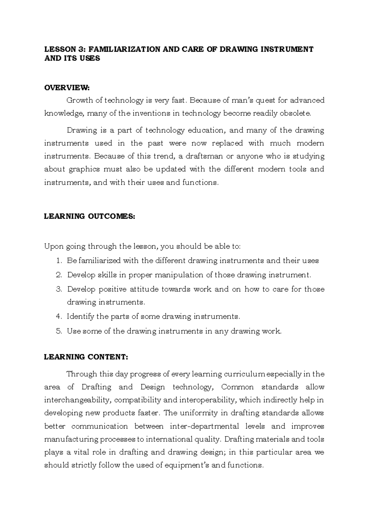Lesson 3 drafting - LESSON 3: FAMILIARIZATION AND CARE OF DRAWING ...
