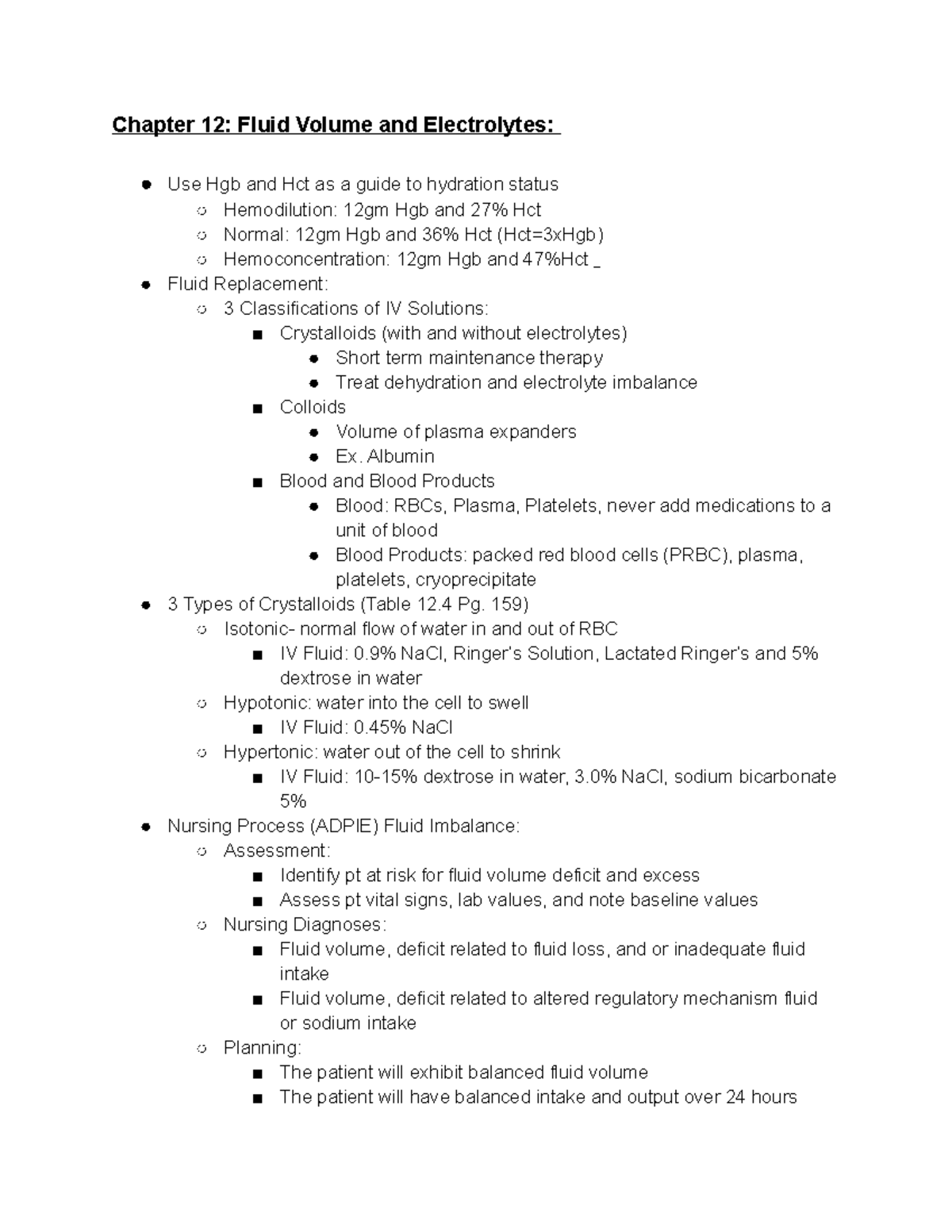Chapter 12-fluid volume and electroltyes - Chapter 12: Fluid Volume and ...