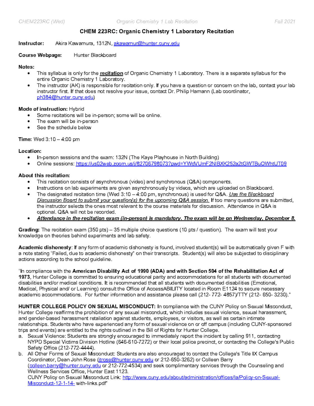 Syllabus 223RC Wed Fall2021 - CHEM223RC (Wed) Organic Chemistry 1 Lab ...