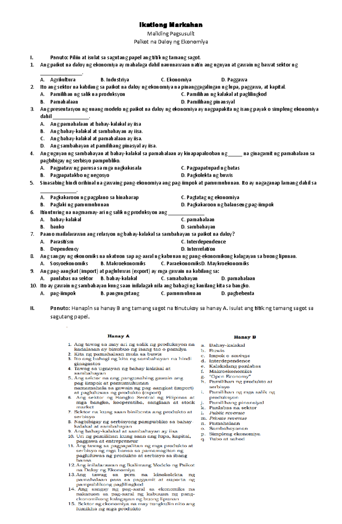 Paikot na daloy ng Ekonomiya - Ikatlong Markahan Maikling Pagsusulit ...