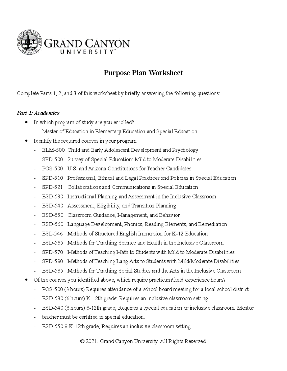 ESD-501-RS-Purpose Plan T1 Kayla Jenkinson - Purpose Plan Worksheet Complete Parts 1, 2, and 3 ...