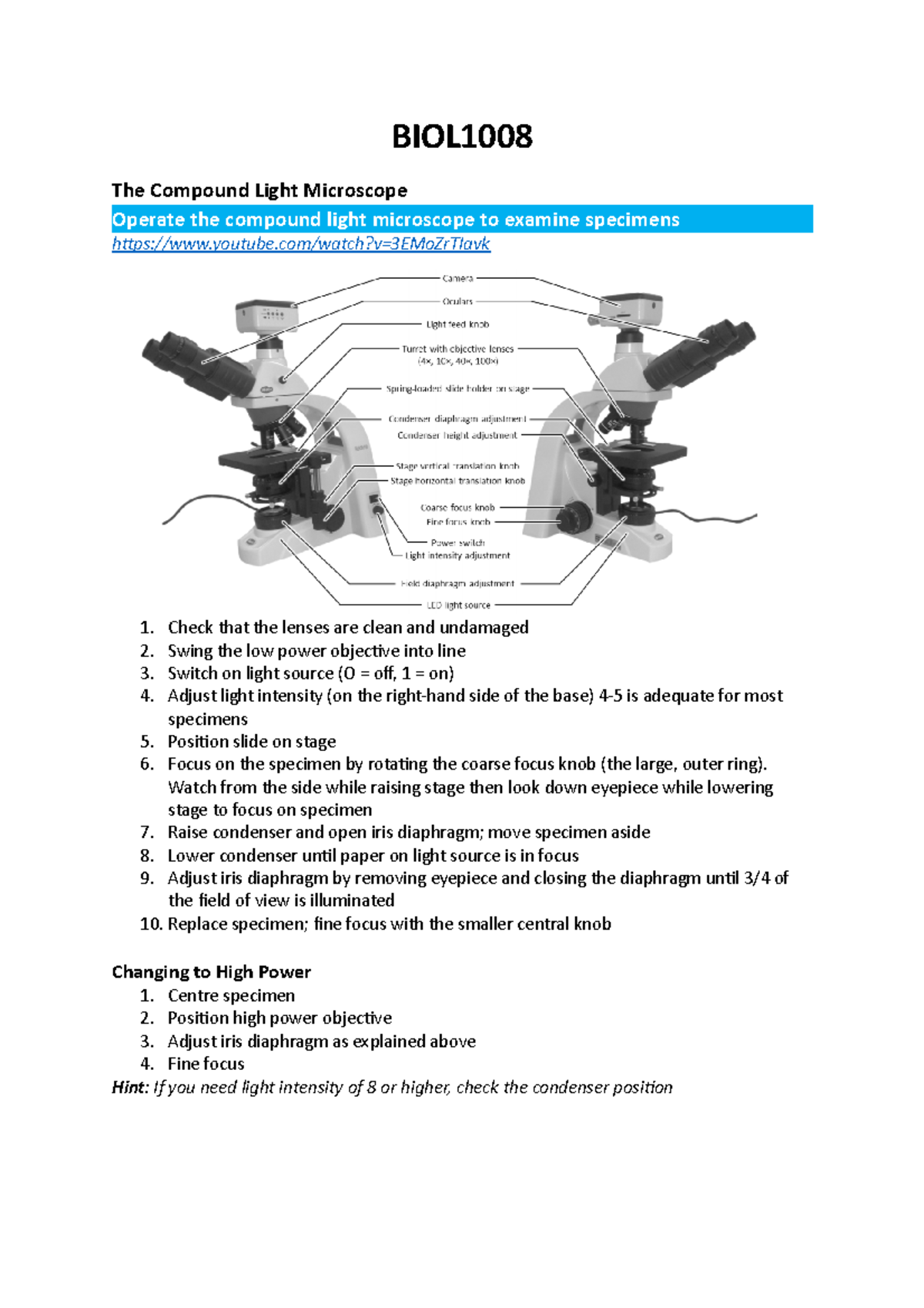 Comprehensive notes of entire course - BIOL1008 The Compound Light ...