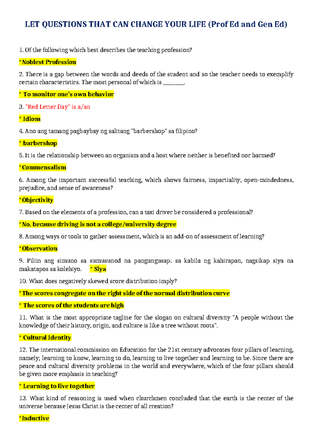 Reviewer - LET QUESTIONS THAT CAN CHANGE YOUR LIFE (Prof Ed and Gen Ed ...