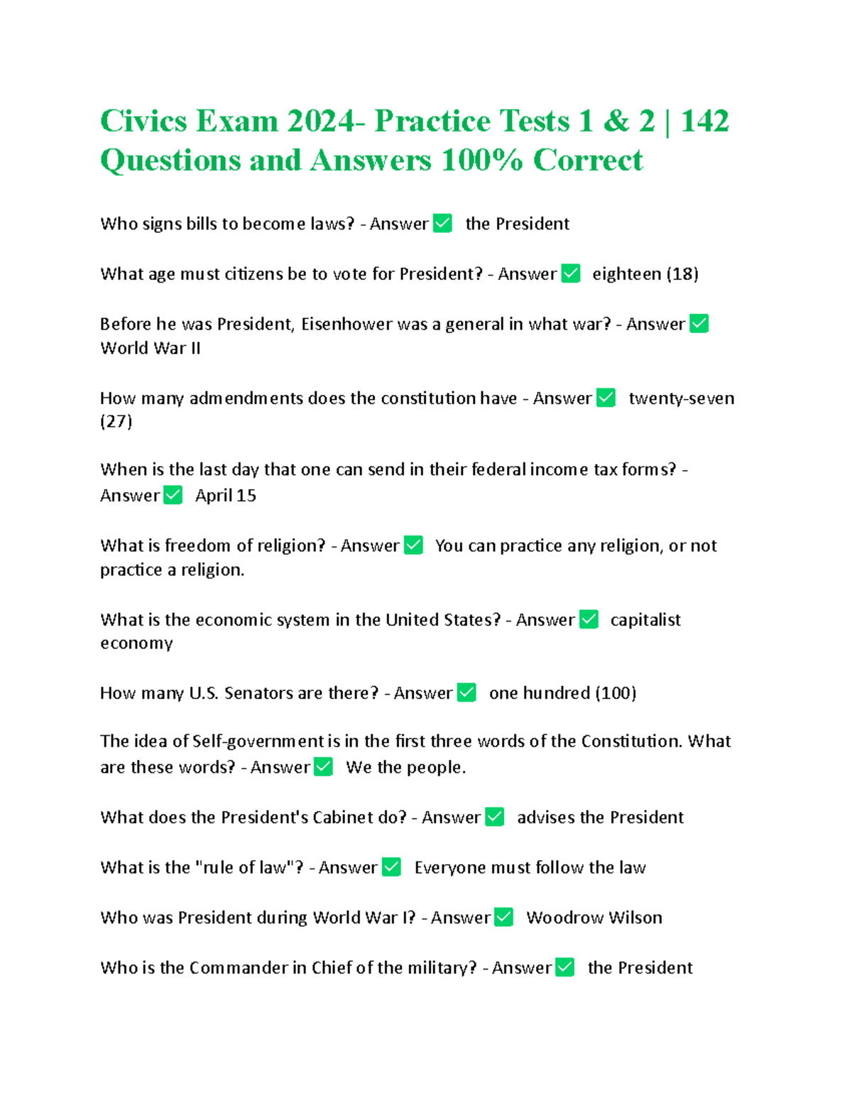 Civics Exam 2024- Practice Tests 1 & 2 142 Questions and Answers 100% ...