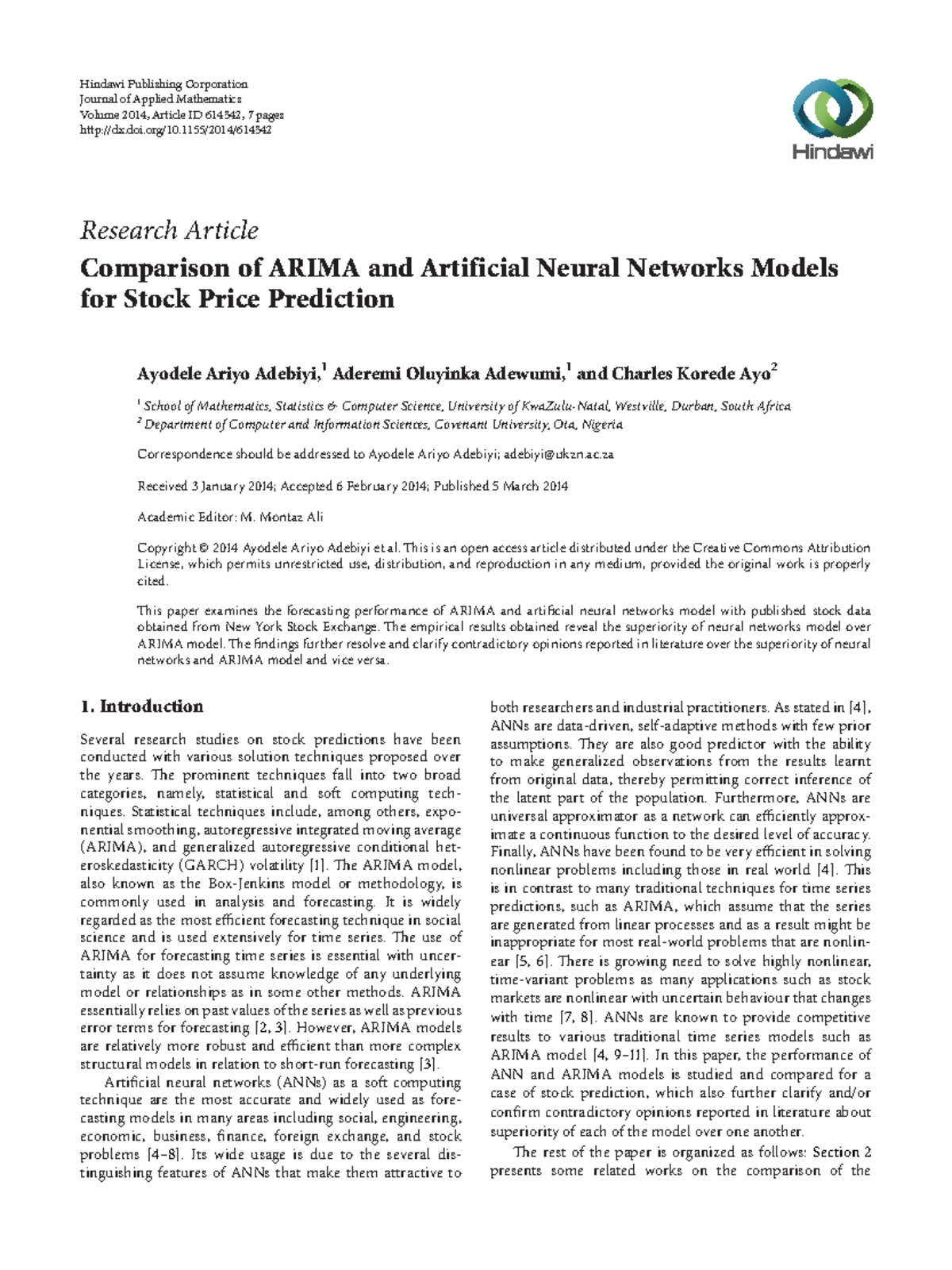 614342 - Lec one - Research Article Comparison of ARIMA and Artificial Neural Networks Models ...