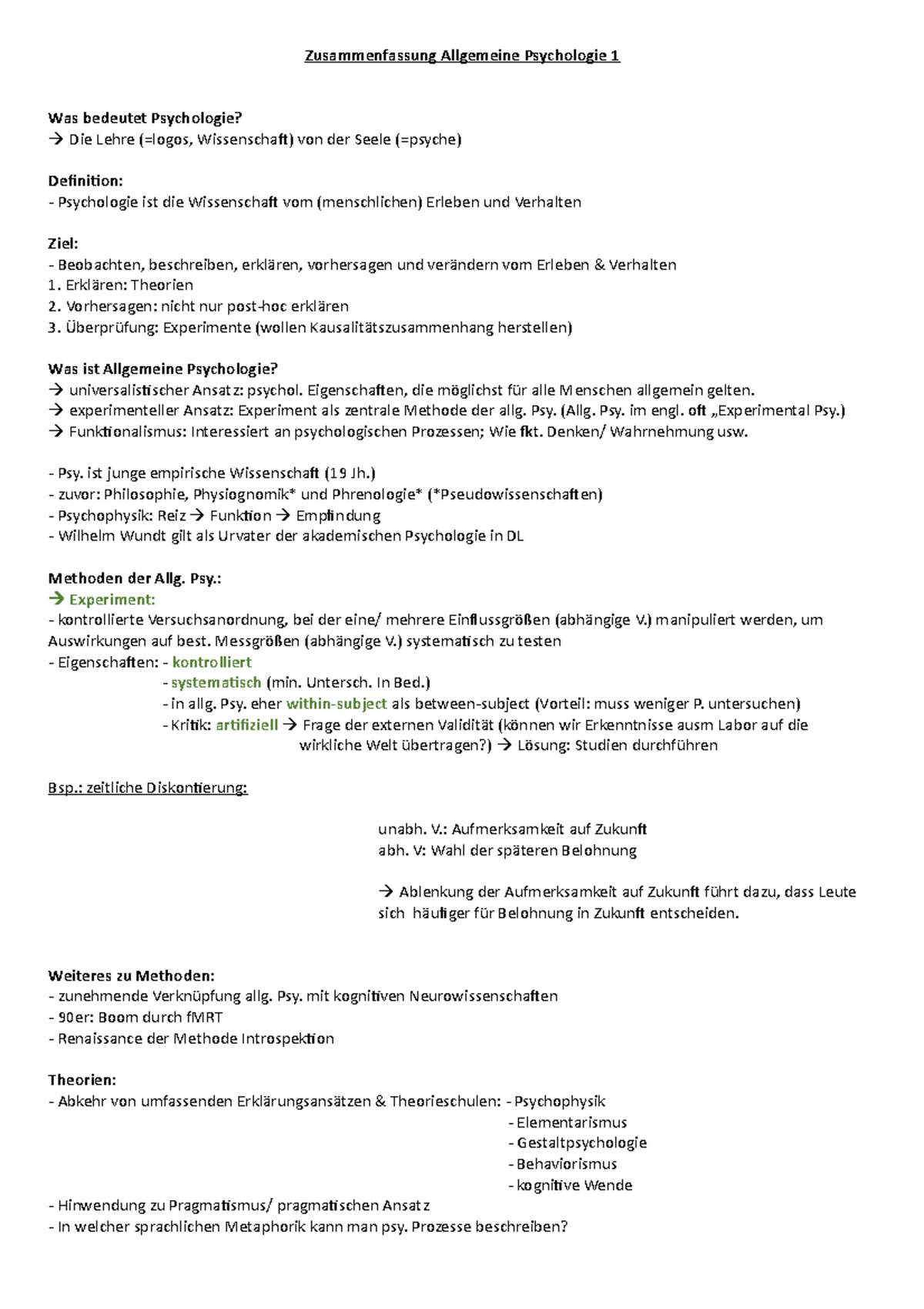 Zusammenfassung Allgemeine Psychologie 1 – Kopie - Zusammenfassung Allgemeine Psychologie 1 Was ...