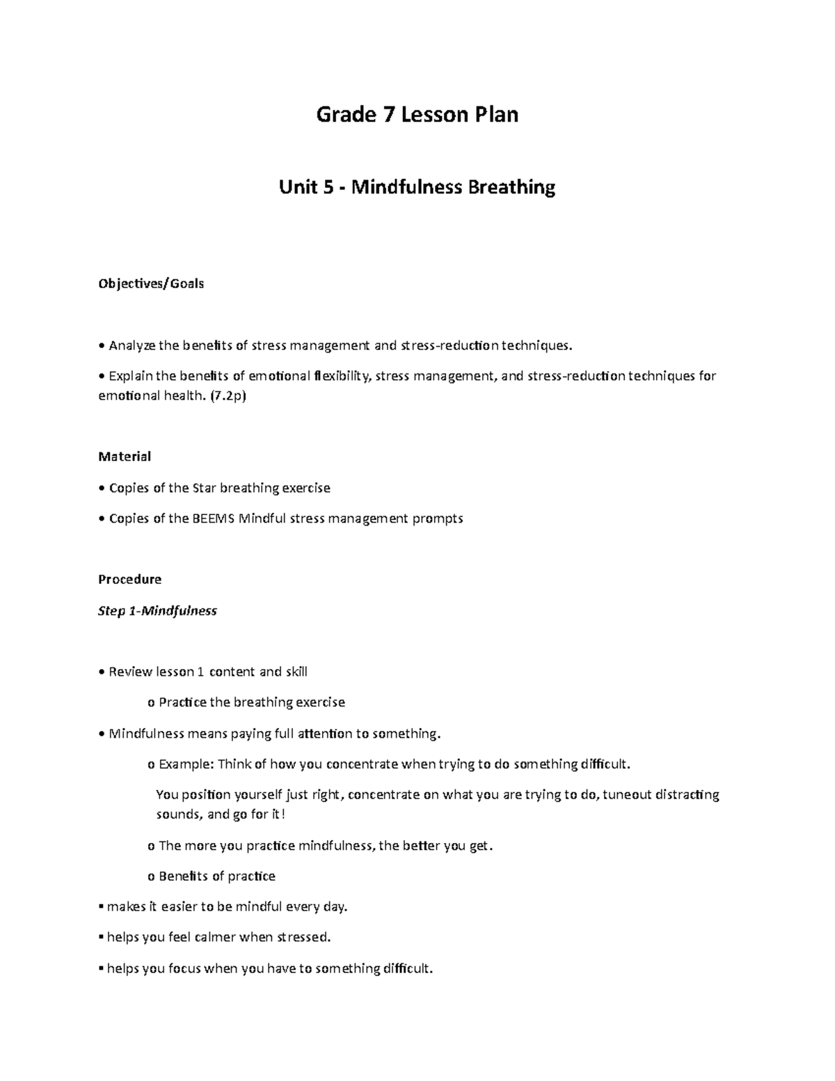 Lesson Plan- Positive Education - Grade 7 Lesson Plan Unit 5 ...
