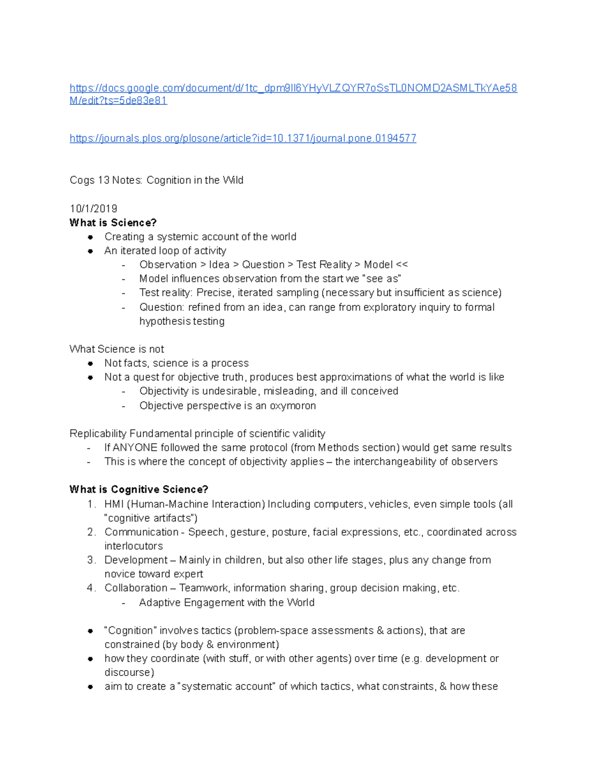 Cogs 13 Notes Cognition in the Wild - docs.google/document/d/ - Studocu