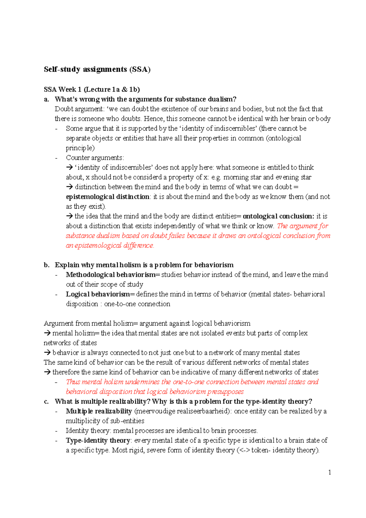 Self study assignments filosofie week 1-6 - Self-study assignments (SSA) SSA Week 1 (Lecture 1a ...