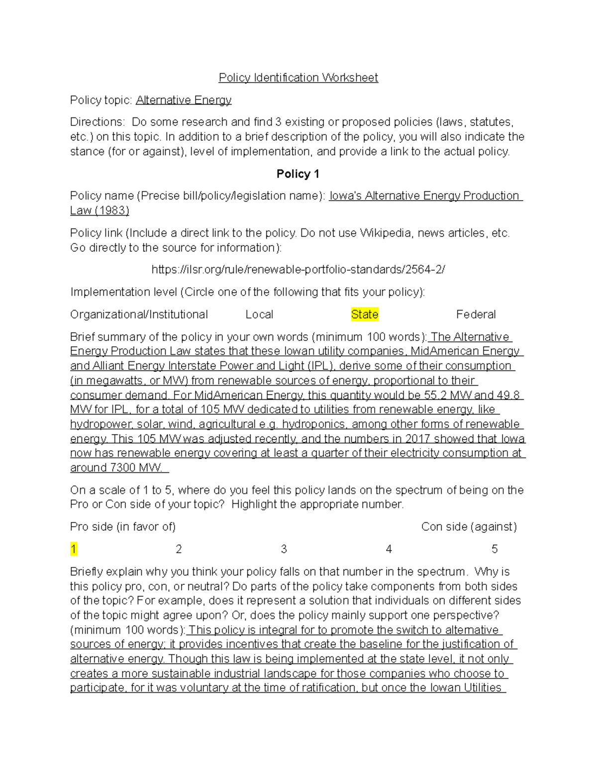 Alternative Energy Policy Identification - Policy Identification ...