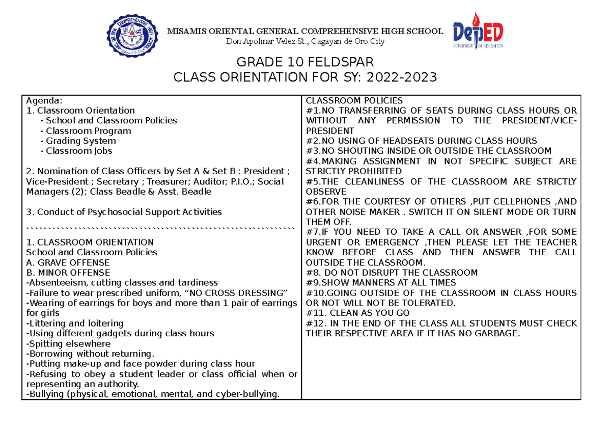 G10 Feldspar Classroom Orientation - MISAMIS ORIENTAL GENERAL ...